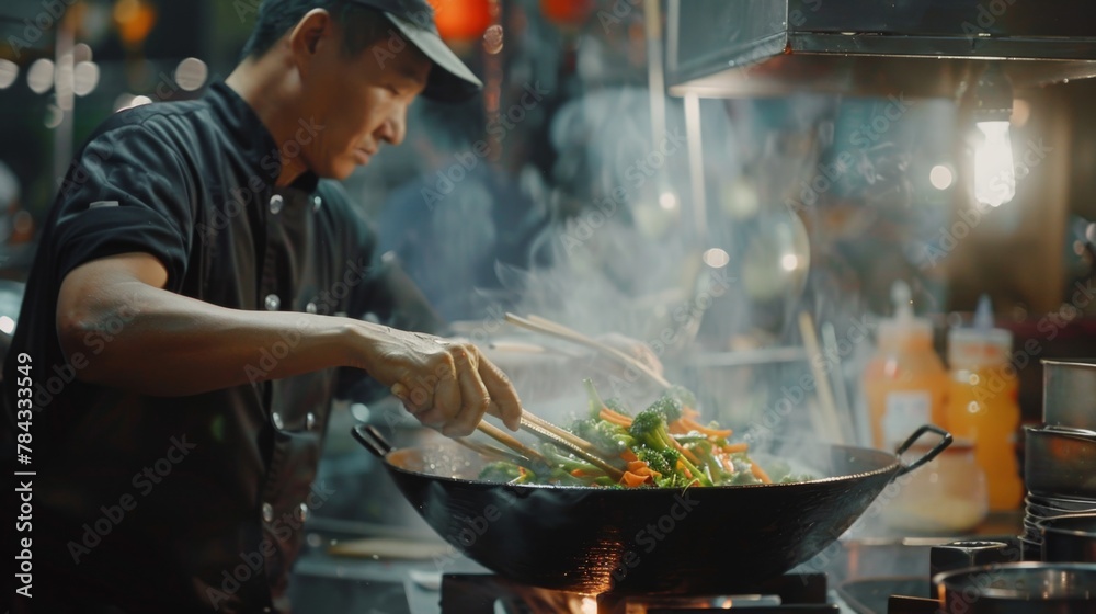 Chef is stirring vegetables in wok,Wok cooking a traditional stir fry ...
