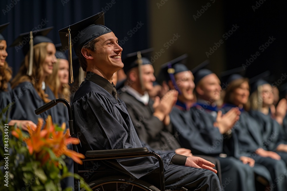 Graduate in a wheelchair receiving his diploma on stage. Graduation ...