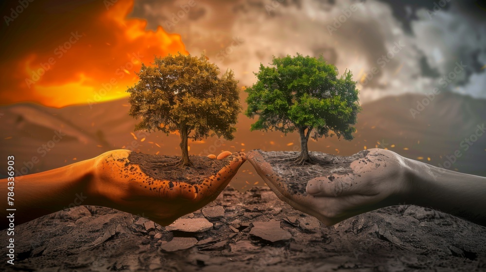 tree in two hands with very different environments Earth Day or World ...