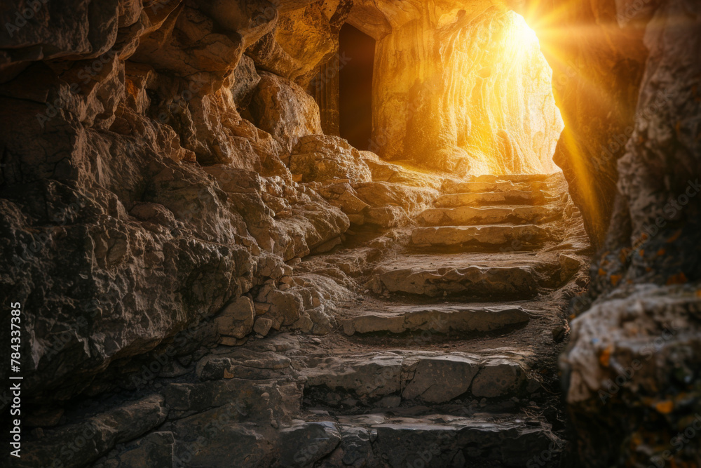 Empty tomb with stone rocky cave and light rays bursting from within ...