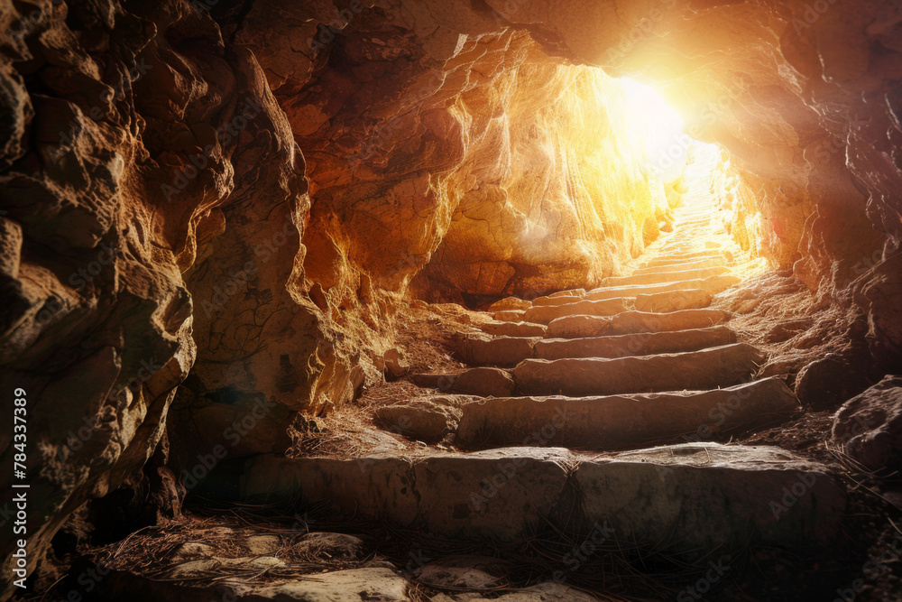 Empty tomb with stone rocky cave and light rays bursting from within ...