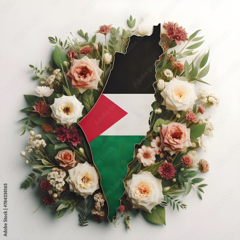 3d render of Palestine map with flowers and Palestine flag inside the ...