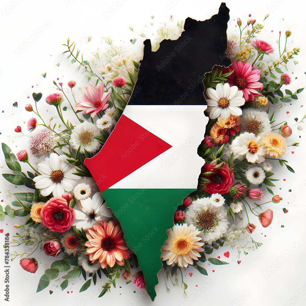 3d render of Palestine map with flowers and Palestine flag inside the ...