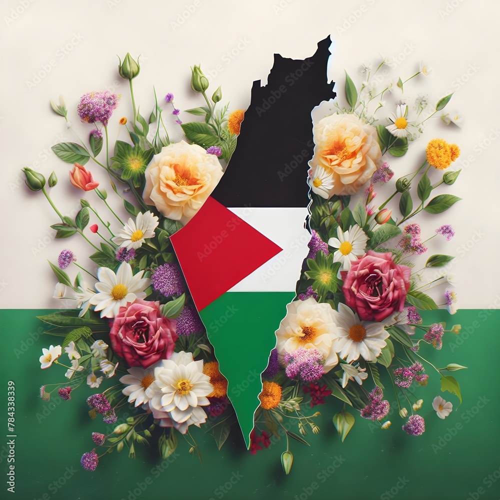 3d render of Palestine map with flowers and Palestine flag inside the ...
