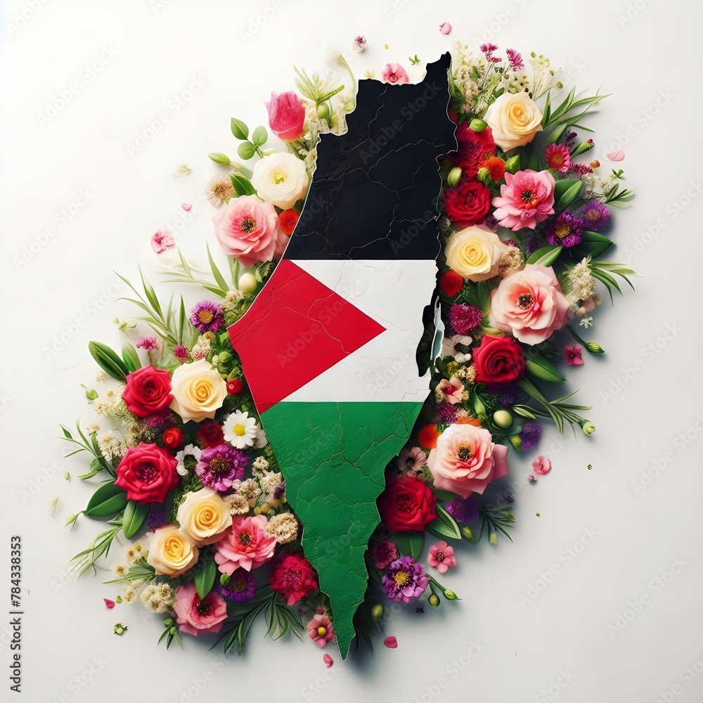 3d render of Palestine map with flowers and Palestine flag inside the ...