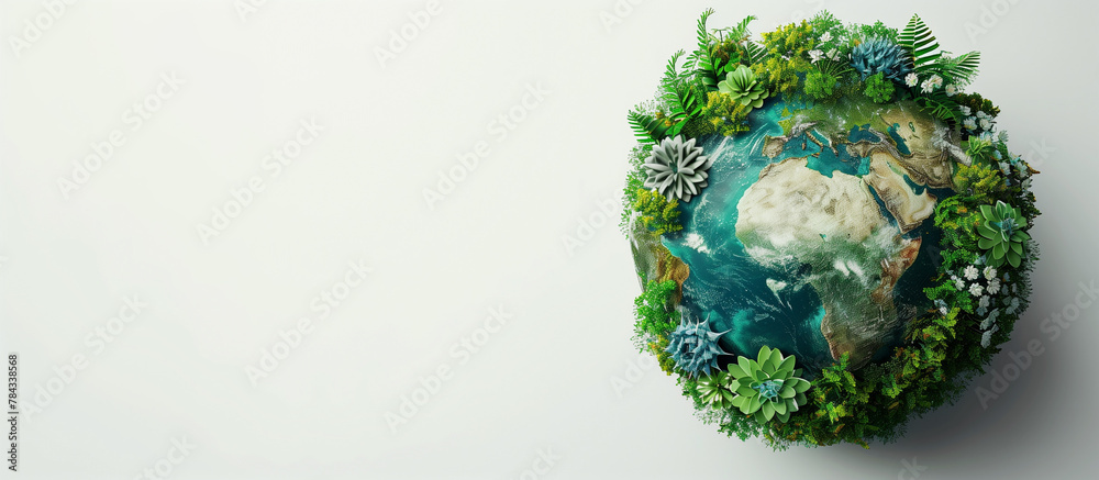 Thriving Earth. Vibrant plants cascade from a healthy blue & green ...