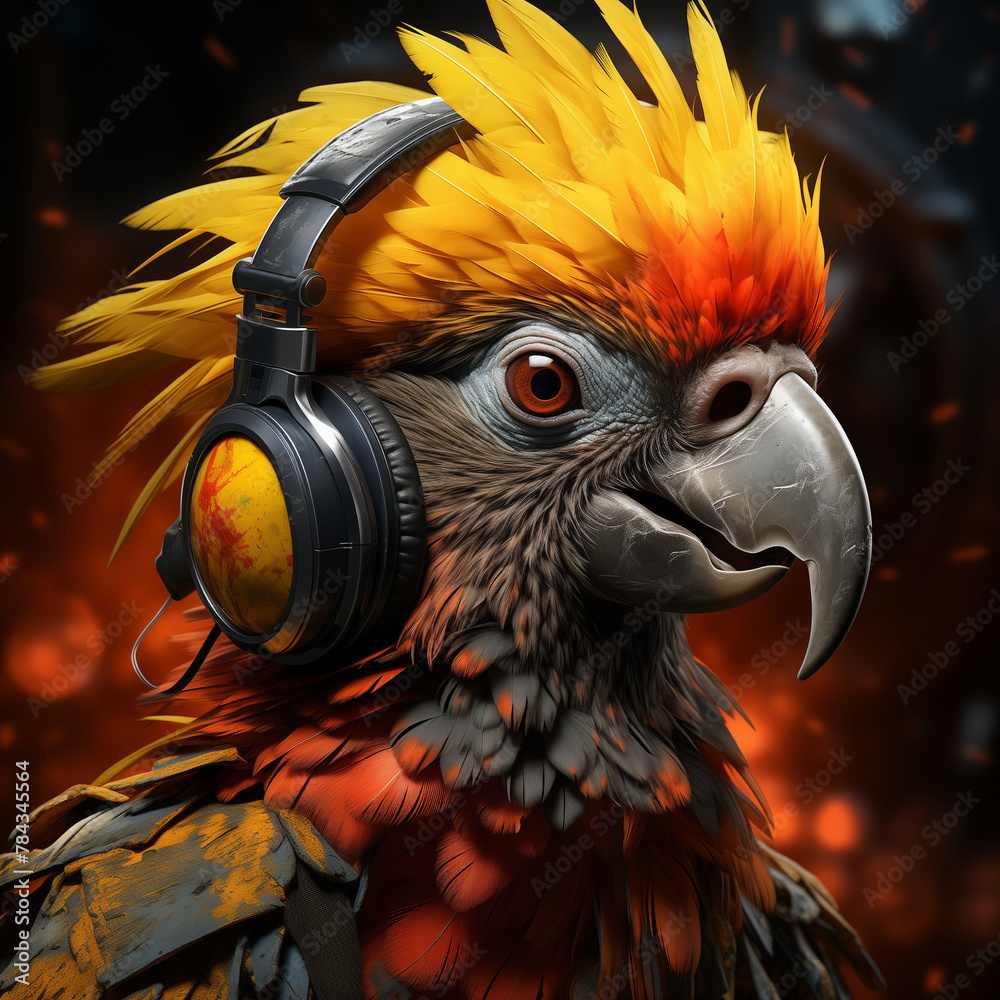 parrot dj with glasses using headphones at thumper club, in the style ...
