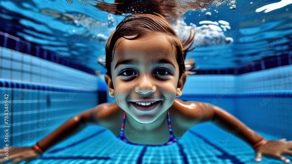 Cute happy Indian boy child dive underwater and have Fun of swimming ...