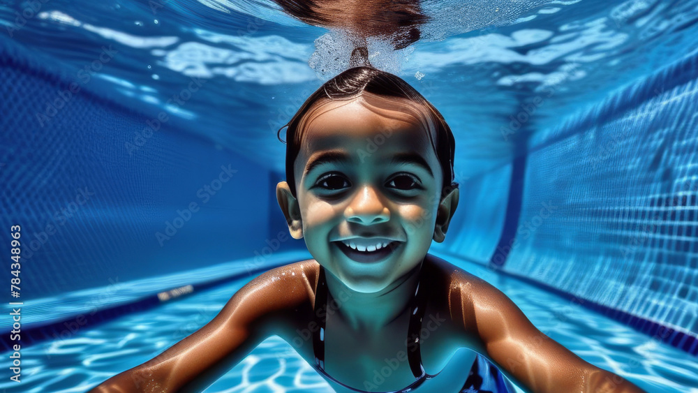 Cute happy Indian boy child dive underwater and have Fun of swimming ...