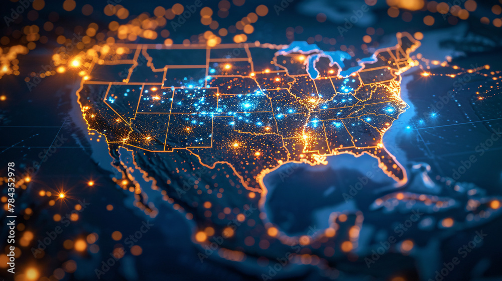 Zoomed-in shot of map of United States with vibrant lines illustrating ...