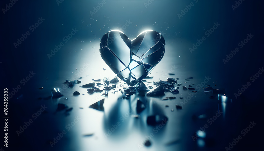 Concept of a heart shattering into more pieces. Fragmented glass heart, with numerous sharp ...