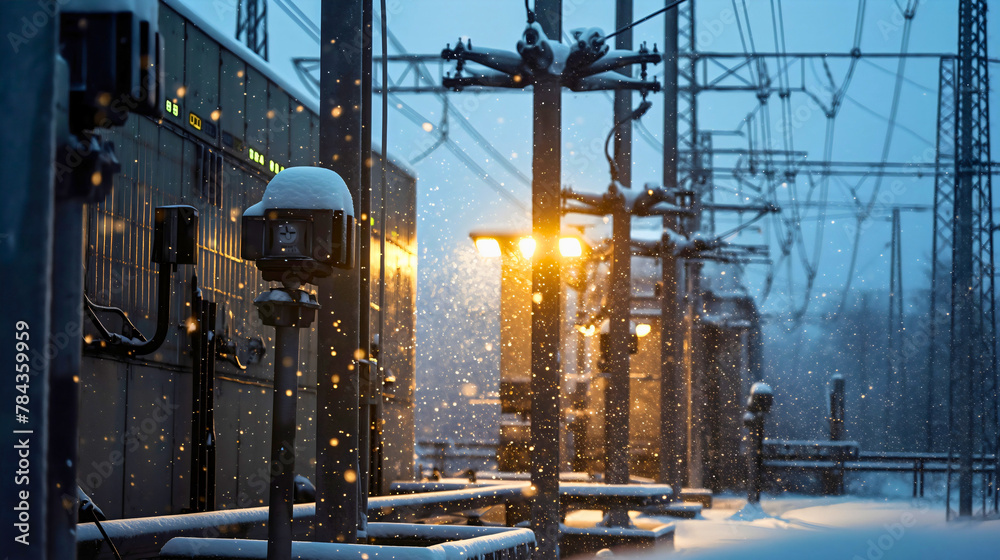 Electricity transformer power line construction on metal power station ...