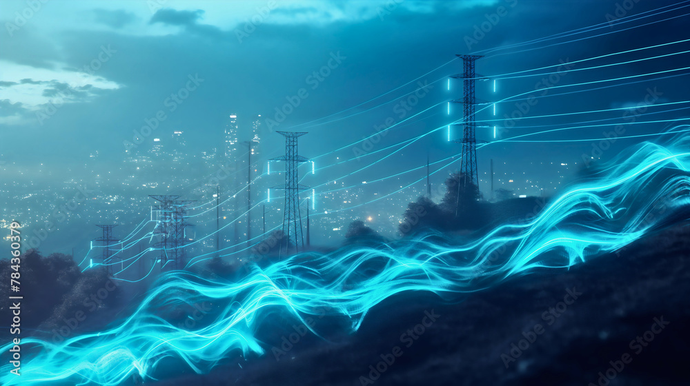 Blue glowing thick cable lines from electricity transformer power line ...