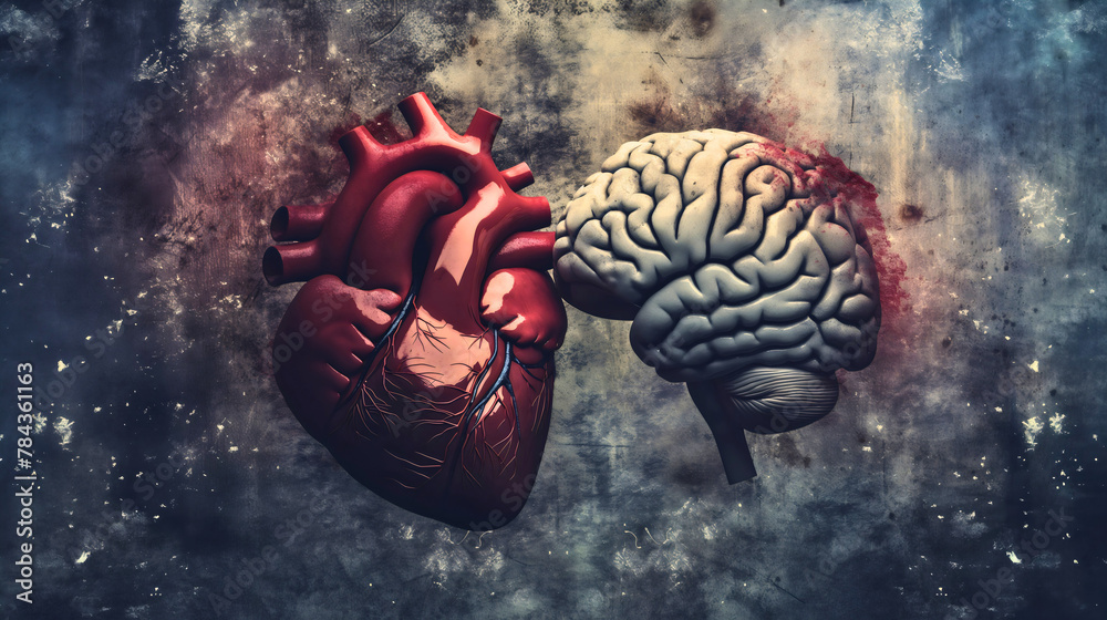 Human heart and mind or brain body organ connection psychology concept ...