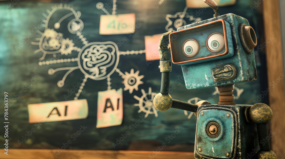 Confused thinking AI robot standing in front of blackboard with ...