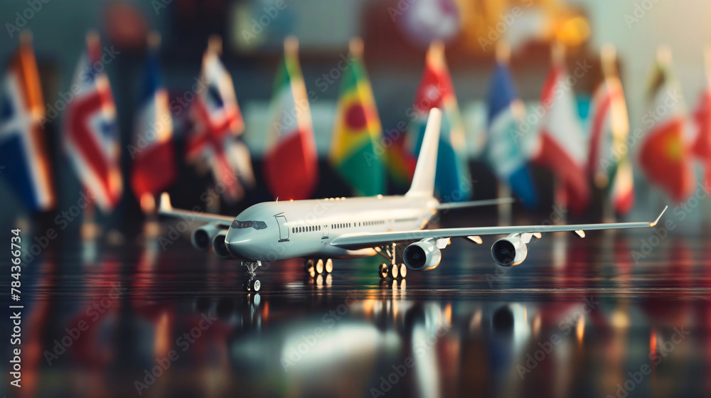 Small miniature airplane model between many various different country ...