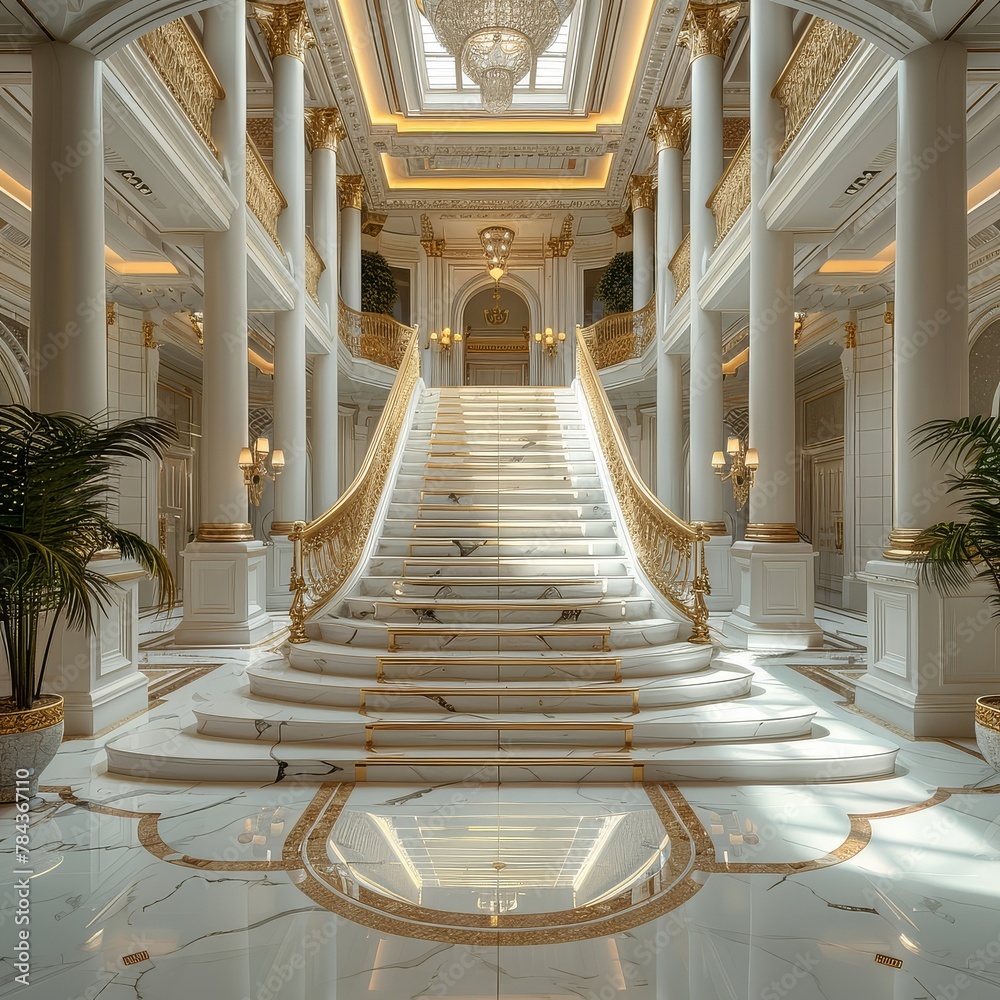 A grand staircase in a large, white room with gold accents. The ...