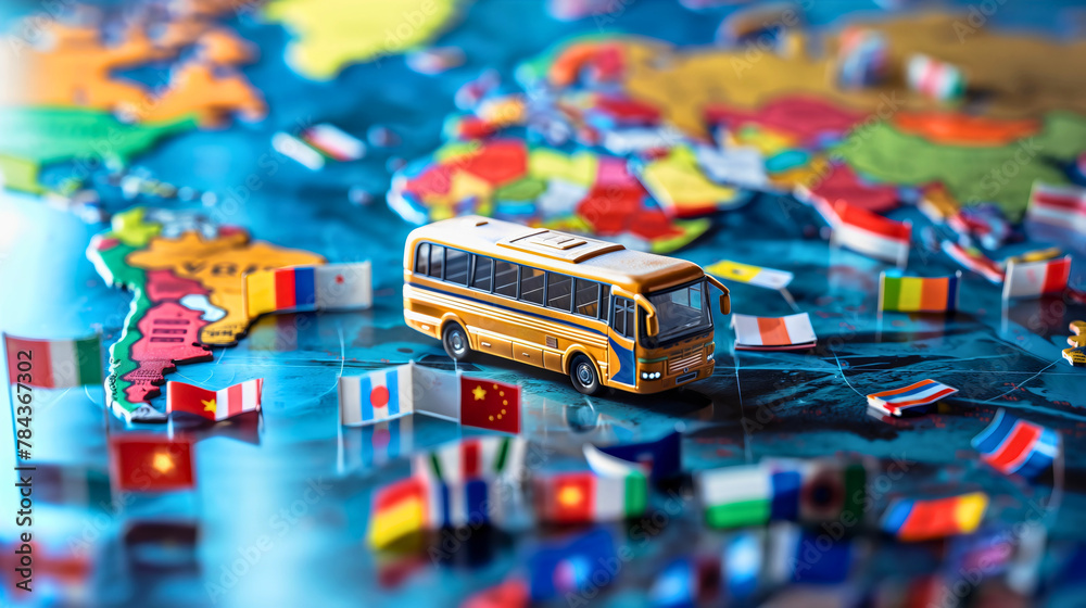 Small miniature bus model on the road between many various different ...