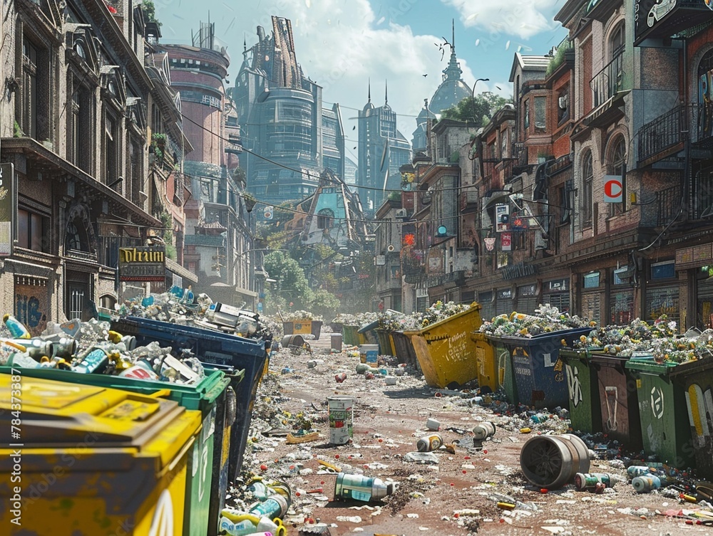 A bustling city street scene with trash bins overflowing with ...