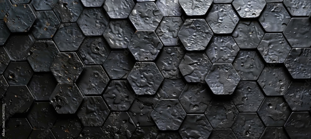 Black hexagon honeycomb shapes matte surface moving up down randomly ...