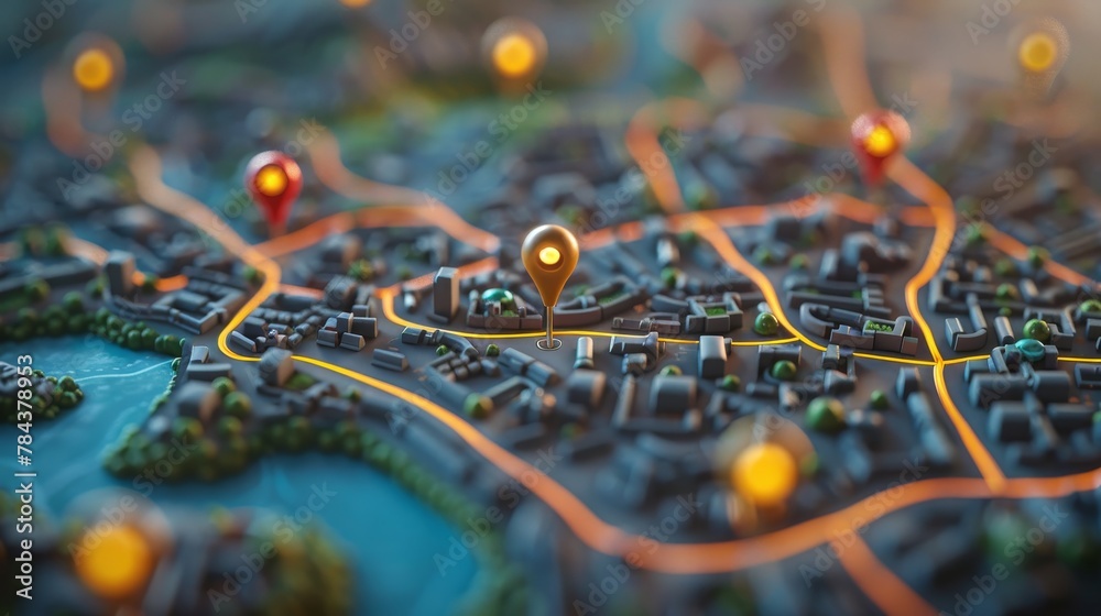 Event Planning: A 3D vector illustration of a detailed map with pins ...
