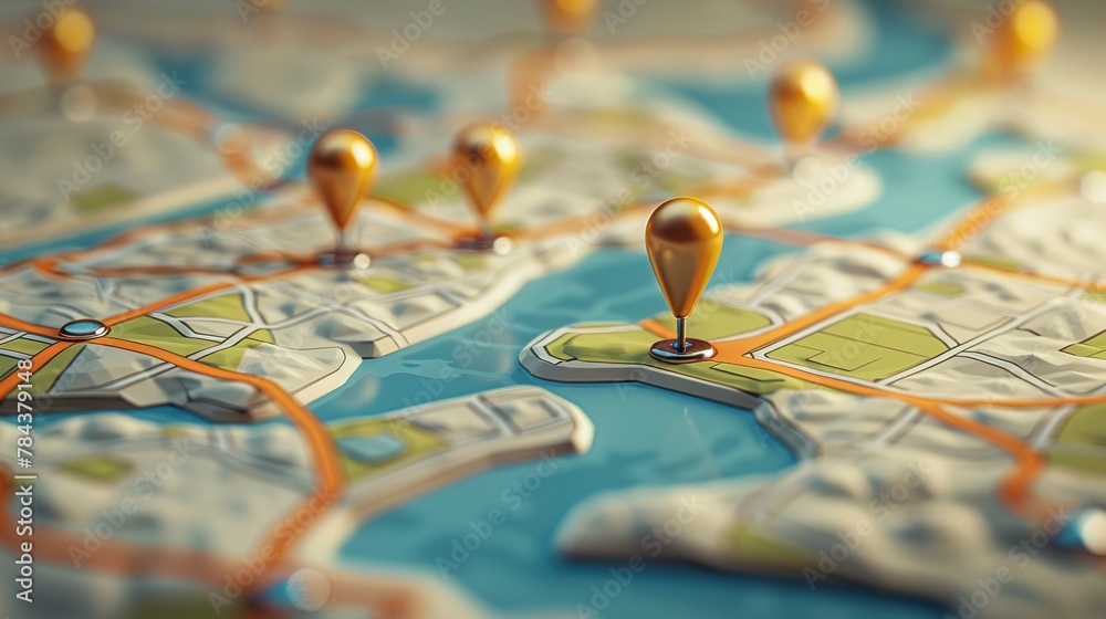 Event Planning: A 3D vector illustration of a map with pins indicating ...