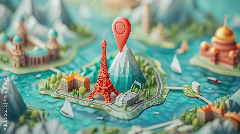 Travel Destination: A 3D vector illustration of a map with a pin ...