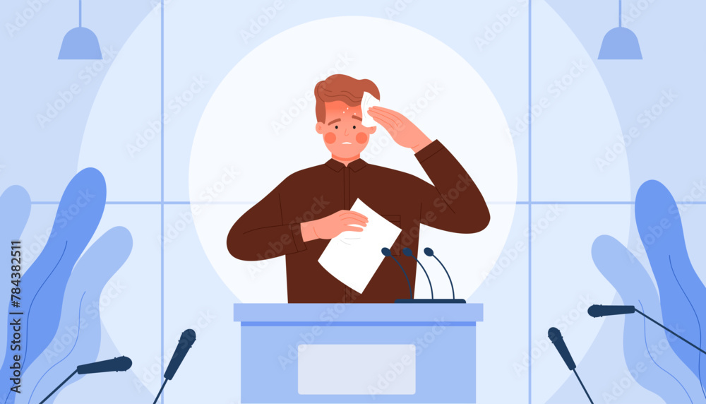 Nervous man feeling fear and anxiety before stage speech, glossophobia ...