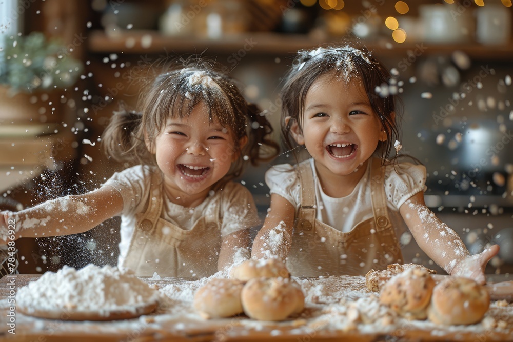 Two playful children giggle as they scatter flour in the air in a ...