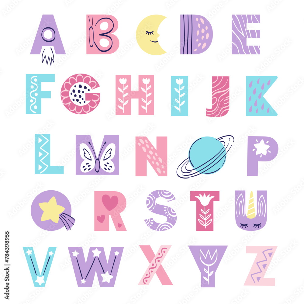 English alphabet of Pastel colors for kids. Doodle font for nursery ...