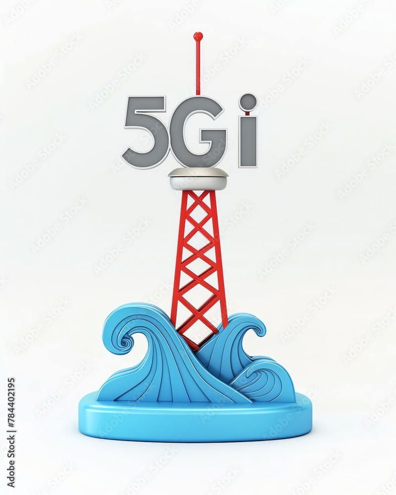 3D icon of ofi telecom 5G tower with blue waves, white background, red ...