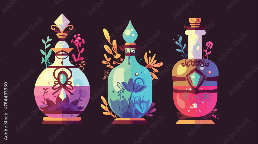 Vetor de Fantasy Potion Bottle 2d flat cartoon vactor illustration do ...