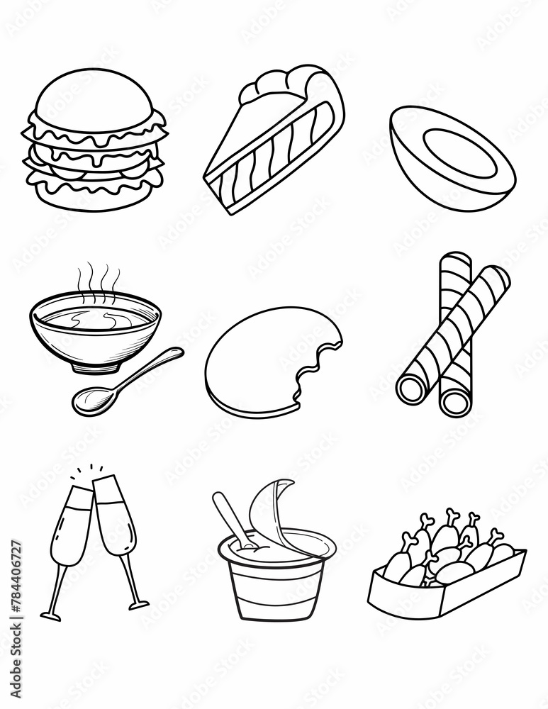 Food and drink coloring page, food doodle, drink doodle, food icons ...