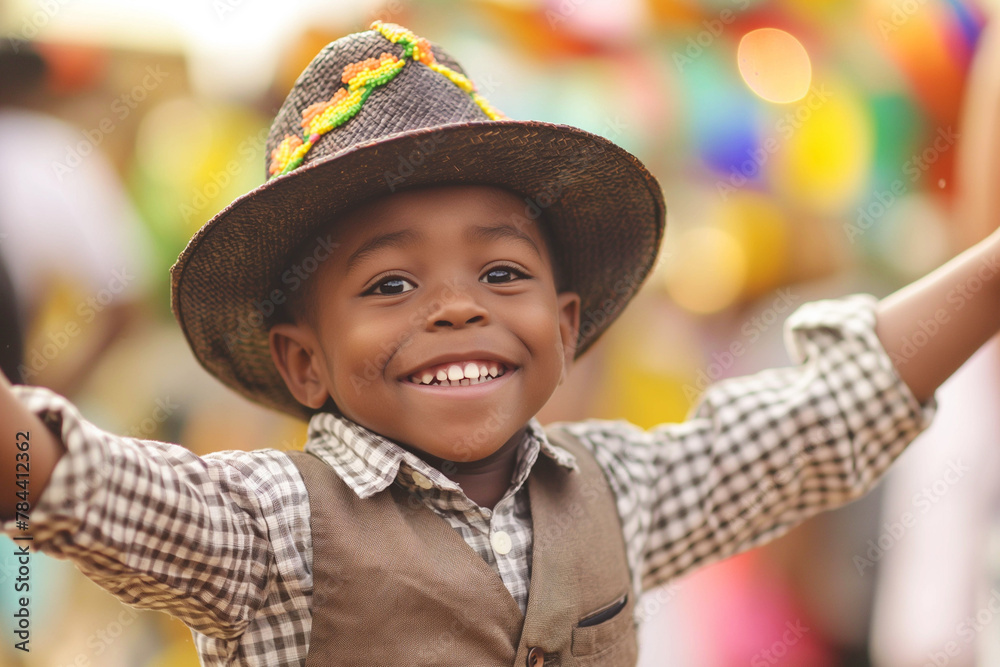 Photo of a small handsome black boy at a party, raising his arms in the ...