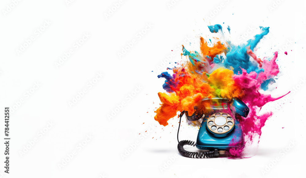 Vintage Blue Analog Telephone with Rotary Dial Emitting Vibrant Smoke ...