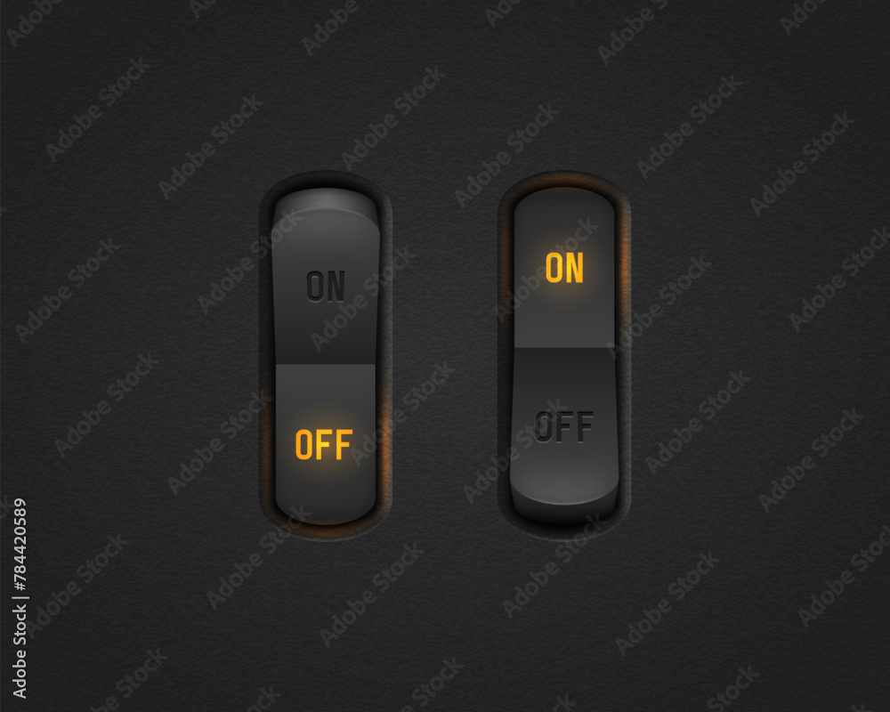 Realistic toggle switch. Black switches with backlight, on off ...