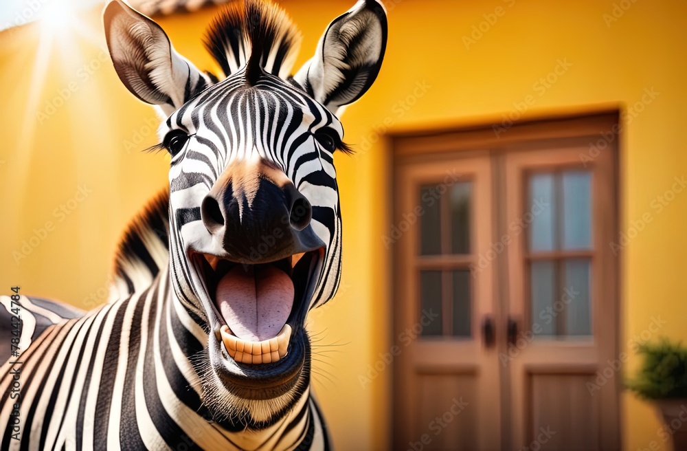 Zebra smiles. Zebra with mouth open looking like it is laughing and ...