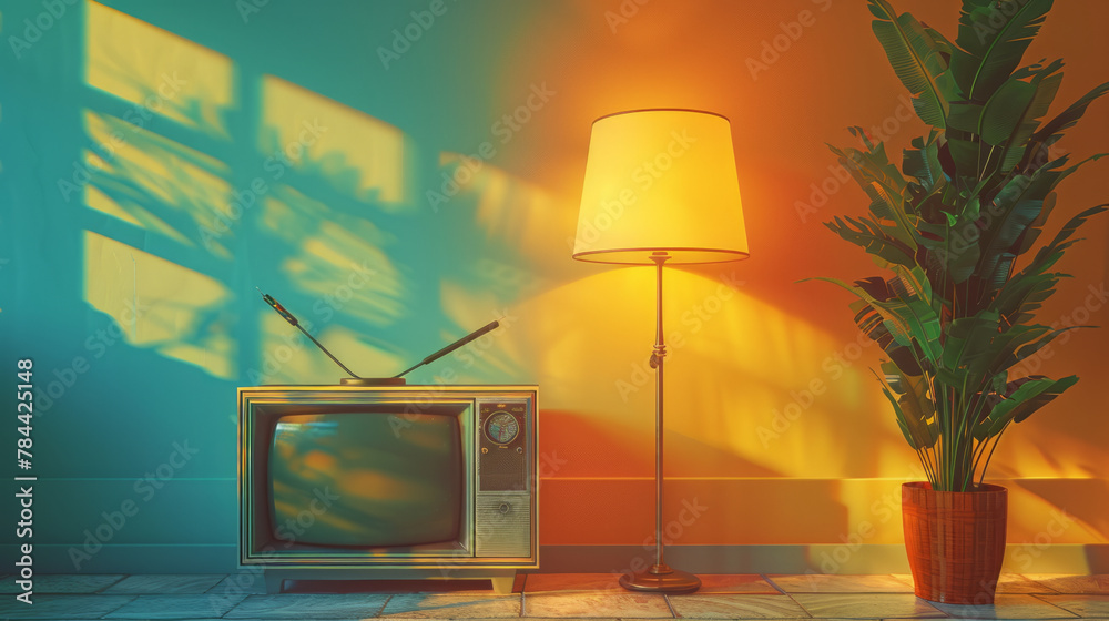 Illustration of a vintage television set with lamp in 70s style ...