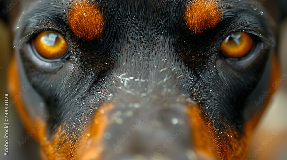 A tight shot of a black-brown dog's face boasts vivid orange and white ...