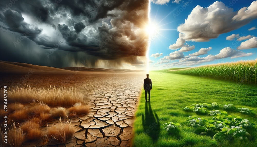 landscape where a lone figure stands on the dividing line between a ...