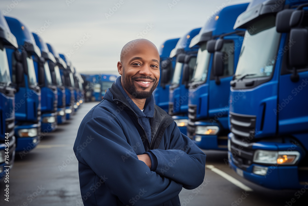 A cheerful African American truck driver stands proudly in front of a ...