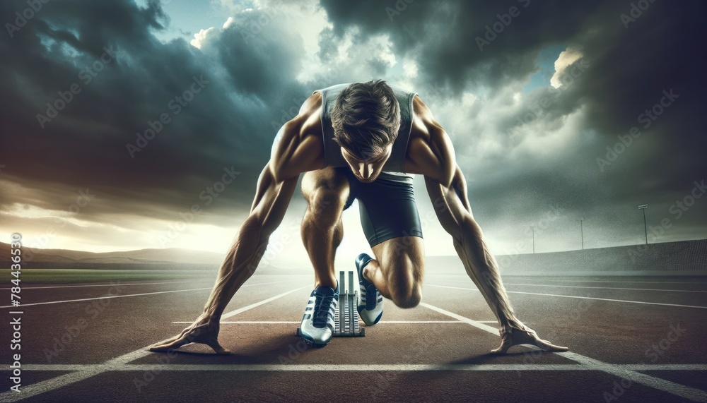 athletic sprinter poised at the starting line of a race track, muscles ...