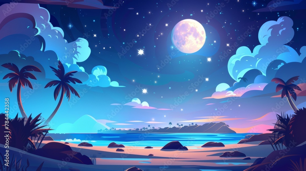 Continent with dark skies at night and a seascape with palm trees and ...