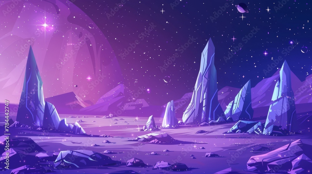 Space background, alien planet deserted landscape with mountains, rocks ...