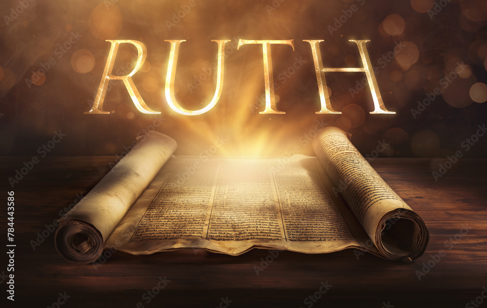 Glowing open scroll parchment revealing the book of the Bible. Book of ...