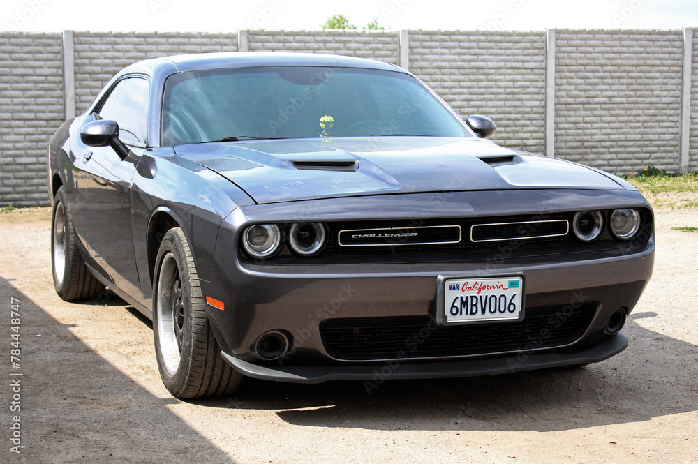 Vinnytsia, Ukraine; April 13, 2024. Grey Dodge Challenger ЅХТ at the ...