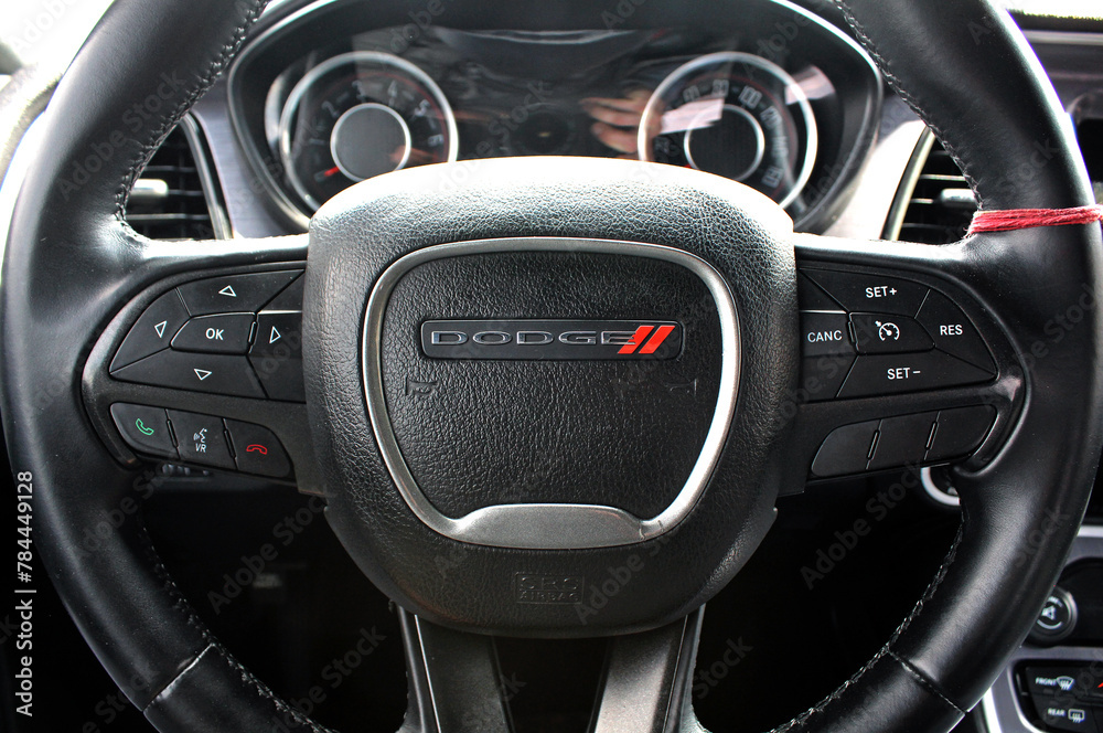 Vinnytsia, Ukraine; April 13, 2024. Dodge Challenger steering wheel ...