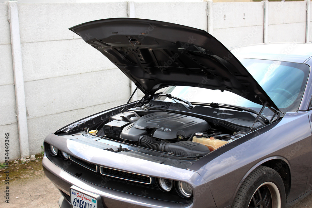 Vinnytsia, Ukraine; April 13, 2024. Dodge Challenger open hood. Dodge ...