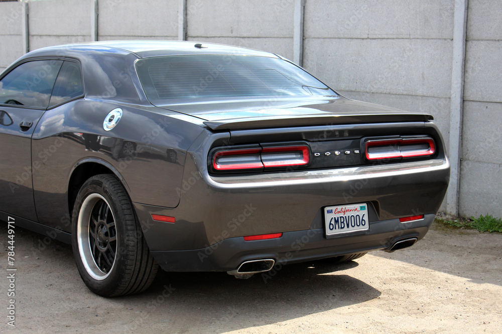 Vinnytsia, Ukraine; April 13, 2024. Grey Dodge Challenger ЅХТ at the ...