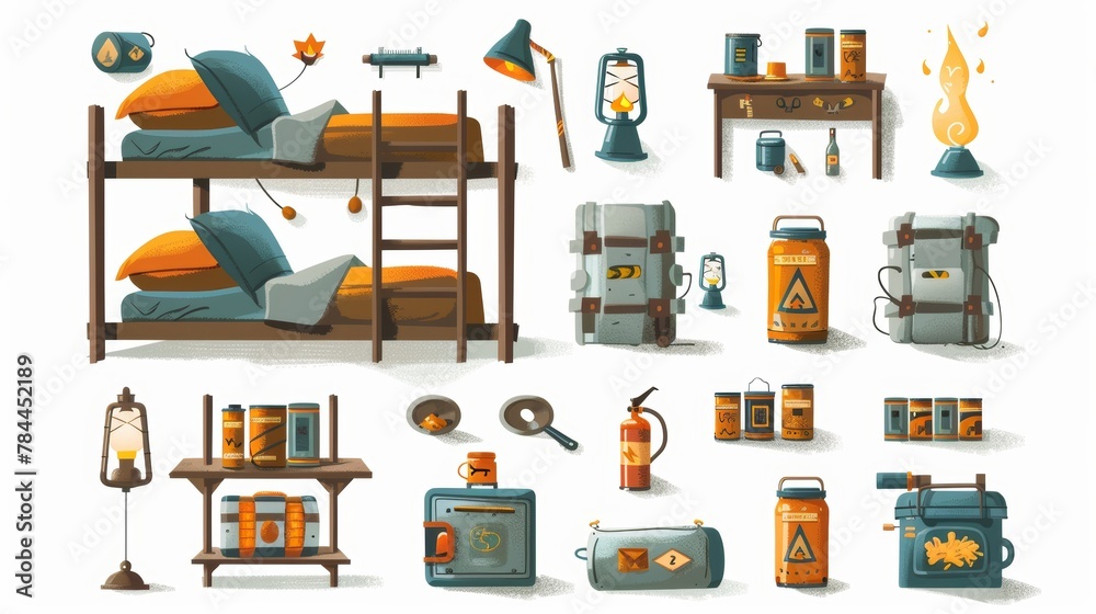 Modern cartoon illustration of bunker design elements isolated on white ...